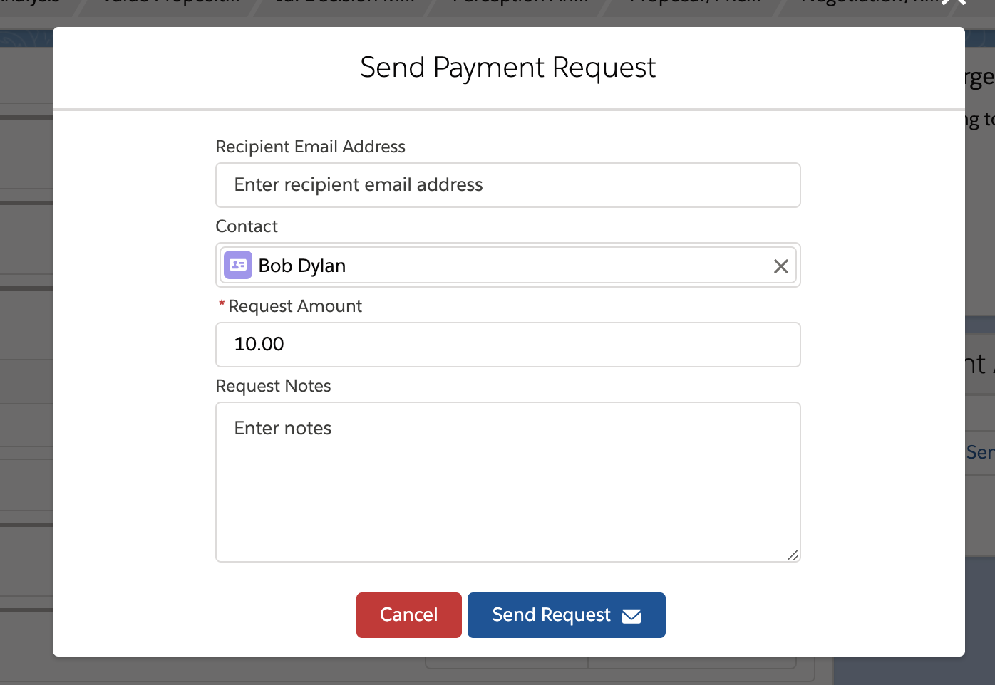What happens when I click 'Send Payment Request'?
