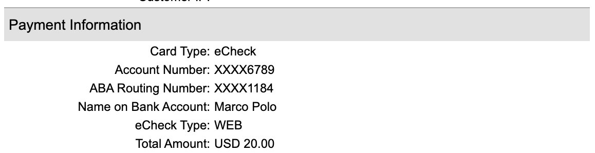 Bank Account Mapping for ACH and Direct Debit on the Transaction Record.