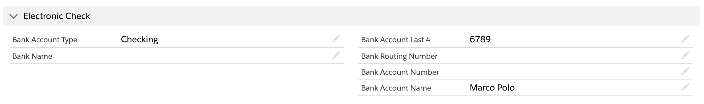 Bank Account Mapping for ACH and Direct Debit on the Transaction Record.